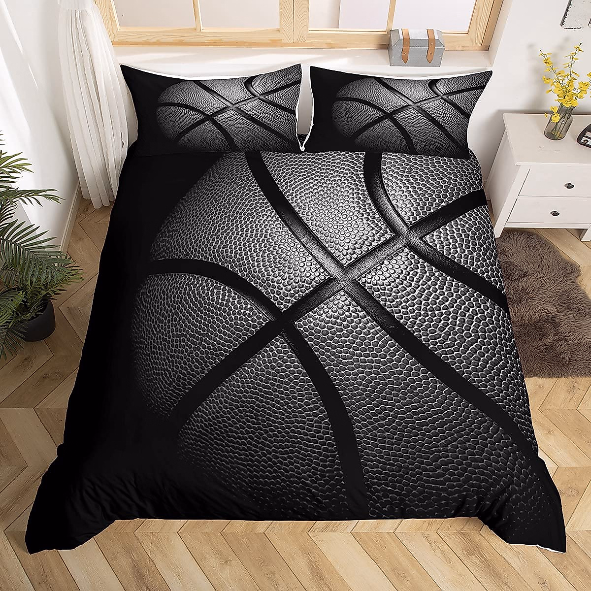 Castle Fairy Basketball Lover Bedding Sets Queen Size for Boys Men,Ball Sports Gaming Duvet Cover Ultra Soft Black Comforter Cover Sets,Teenager Birthday Gift