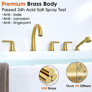 Wintap Roman Tub Faucet with Sprayer, 5 Hole Widespread Deck Mount Bathtub Faucet with Valve Classic High Arch Gooseneck Bath Tub Faucet Set with Diverter High Flow Tub Filler Brushed Gold WT-9809BG