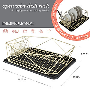 Kitchen Details Utensil Holder Tray Geode Deluxe Dish Drying Rack with Drain Board, Cutlery Basket, Iron Frame, Satin Gold