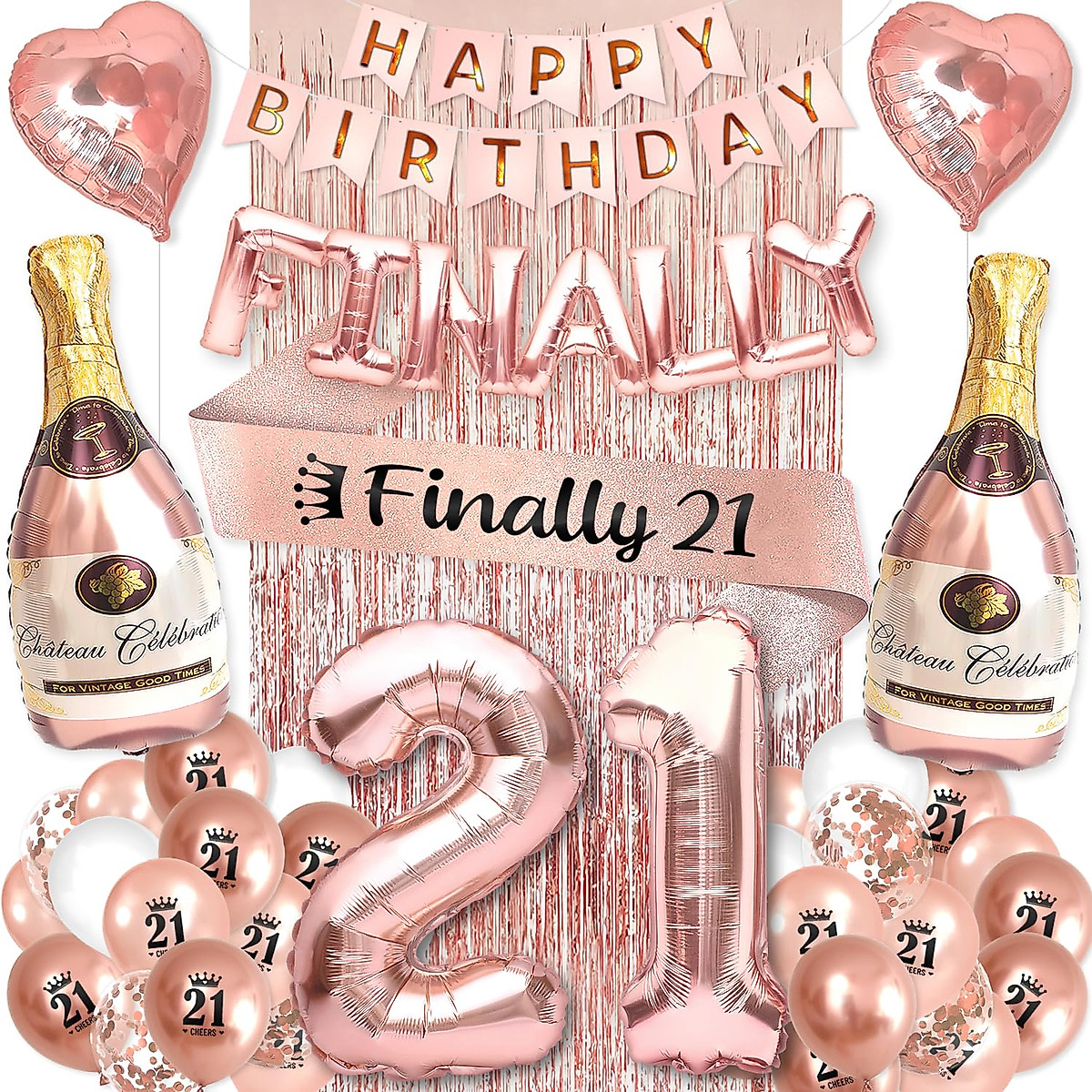 21st Birthday Party Decorations for Her Rose Gold Supplies Big Set with Birthday Banner and 21 BDay Digit Balloons for Women Including Latex and Confetti Balloons