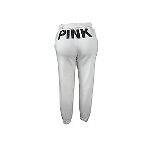 Victoria's Secret Pink Fleece Glitter Baggy Campus Sweatpants Color White New (as1, Alpha, x_l, Regular, Regular)