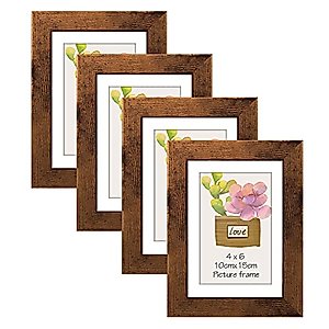 4x6 Picture Frame Set of 4, Display Photo 4x6 with Mat or 5x7 without Mat, Wooden Rustic Picture Frames for Tabletop or Wall Mounting, Brown