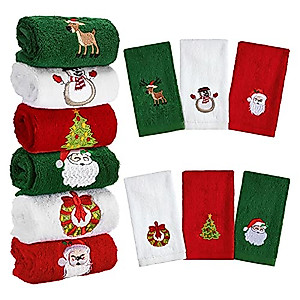 6 Pieces Christmas Decorative Hand Towels Embroidered Santa Reindeer Snowman Christmas Tree Dish Towels Soft Green Red White Fabric Bathroom Towels for Home Kitchen Bathroom Cleaning (Classic Style)