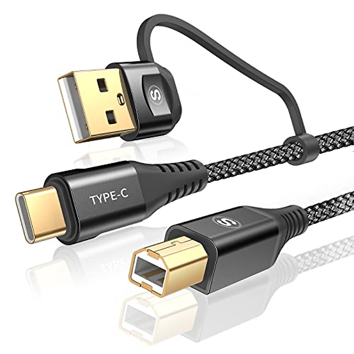 2-in-1 USB-A/C to USB-B Printer Cable 6.6FT, USB C MIDI Cable Nylon Braid High-Speed Printer Cord for MacBook Pro/Air,Digital Piano MIDI Controller,HP Canon Dell Epson Brother Samsung-Black