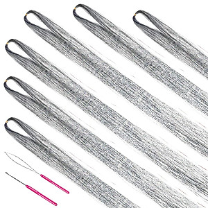 MISSUHUI Hair Tinsel Kit With Tools 48 Inch 1200 Strands Glitter Tinsel Hair Extensions Sparkling Shiny Hair Tinsel Strands Kit Heat Resistant for Women Girls 6Pcs (Silver)