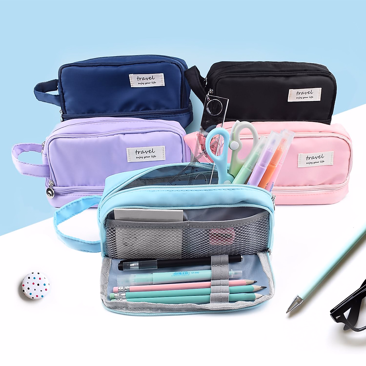 BARUHARI Large Capacity Pencil Case, Pen Bag, Stationery Storage Kit, Multiple Compartments, Office Travel Pouch, Arts and Crafts Supplies Organizer (DARK BLUE)