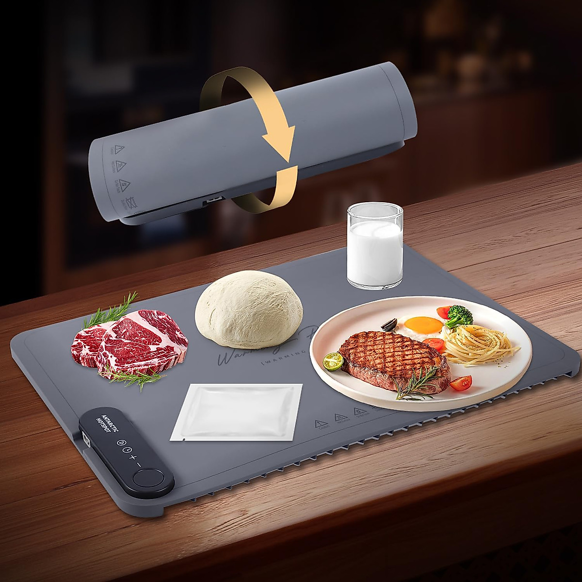 Revolutionary Rollable Full Surface Heating Warming Mat for Food Party Buffet Daily Use, Portable Electric Silicone Defrosting Tray, Hot Plate Keep Food Warm (Gray)