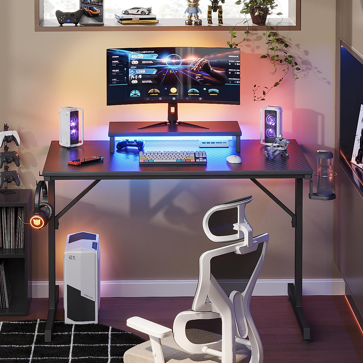 Bestier Small Gaming Desk with Monitor Stand, 42 inch LED Computer Desk, Gamer Workstation with Cup Holder & Headset Hooks, Modern Simple Style Desk for Home Office, Carbon Fiber Black
