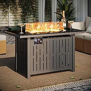 LAUSAINT HOME 43" Outdoor Fire Pit Table, 50,000 BTU Auto-Ignition Propane Gas Firepits with Glass Wind Guard, Fire Glass and Lid for Outside Patio
