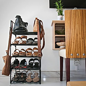 FIDUCIAL HOME: Simple Shoe Rack Organizer, 8-Tiers Stackable with side Hooks for Entryway, 16-20 Pairs Metal Shoe Shelve, Black