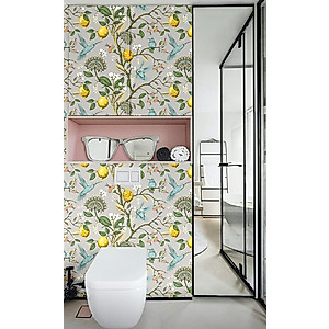 Blooming Wall Blue Bird Fresh Lemon Tree Peel and Stick Wallpaper Removable Self Adhesive Wall Mural Wall Décor