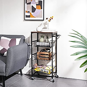 LEGUANG Kitchen Storage Rolling Cart on Wheels, 4 Tier Metal Rolling Utility Carts Microwave Rack with Wooden Tabletop for Kitchen Island, Bathroom, Living Room(Black)