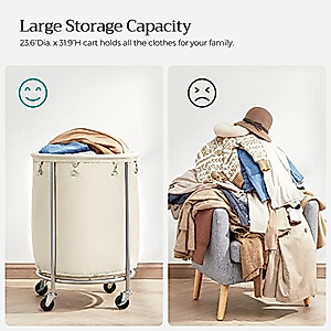 SONGMICS Laundry Basket with Wheels, Rolling Laundry Hamper, Round Laundry Cart with Steel Frame and Removable Bag, 4 Casters and 2 Brakes, Cream and Silver URLS01MZ