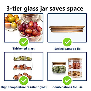 Holloance Airtight Glass Canister(3x15oz) with Bamboo Lid. Clear Food Storage Jar circular. Stackable Kitchen Storage Container for Coffee Beans, Nuts, Candy, Pasta, Sugar, Cookie, Flour, Fruit.