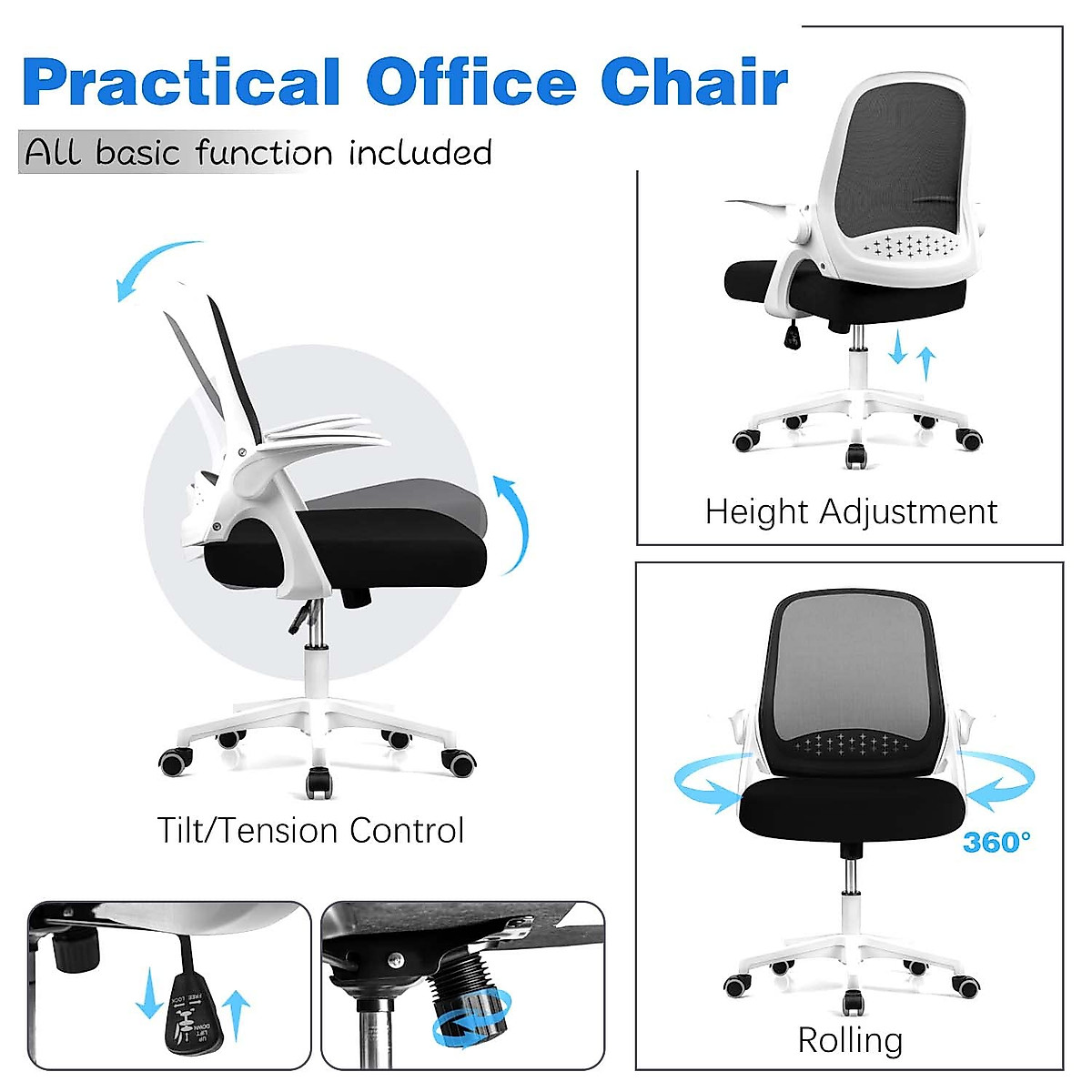Devoko Office Chair Mesh Desk Chair Ergonomic Office Chair with Lumbar Support Swivel Computer Task Chair with Flip-up Arms Adjustable Height (Black)