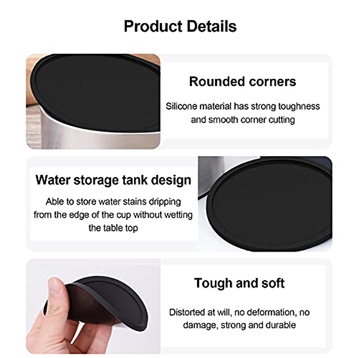 Coasters for Drinks-Anti-Slip Durable Reusable Drink Coasters Set,Non Slip Cup Coasters Silicone Coasters Fit Coffee Table Desk Beverage Bar Protect Desk from Heat and Scratch Damage(4 Pack,Black)