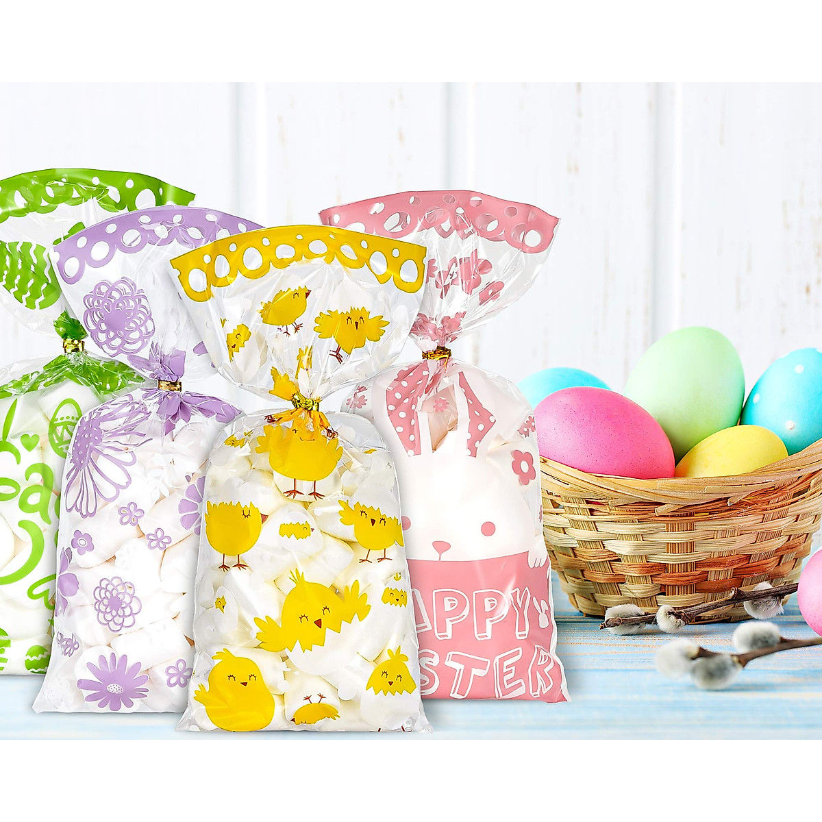 Whaline Easter Cellophane Party Bags 160pcs Bunny Easter Egg Treat Bags with 200pcs Gold Twist Ties Plastic Cello Candy Sweet Bags Gift Bags Chick Flower Bags for Easter Party Table Decor, 4 Designs