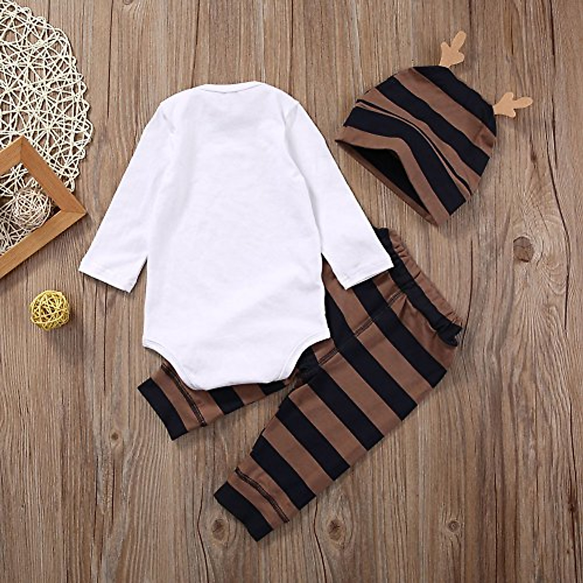 Autumn Winter Newborn Baby Boys Girls Tops Moose Romper Pants Hat Outfits Set Cute Clothes 3Pcs (0-6 Months, White+Brown)