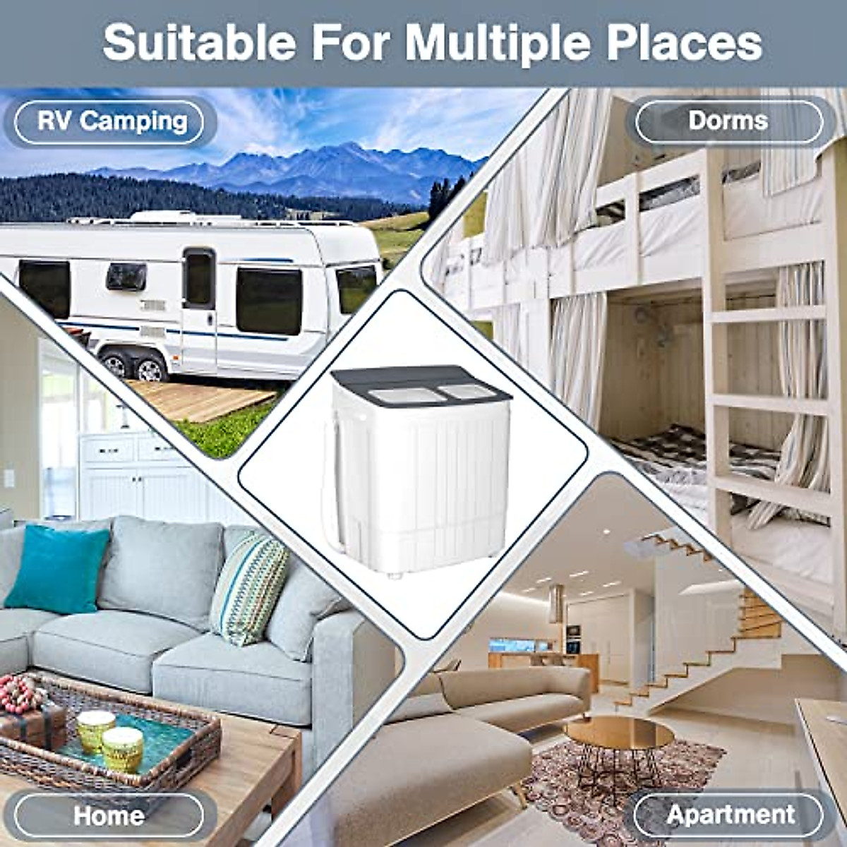 Superday Portable Mini Twin Tub Washing Machine Compact Washer and Spin Dryer w/Wash and Spin Cycle 17.6lbs Capacity For Camping, Apartments, Dorms, College Rooms, RV’S, Delicates, Grey and White