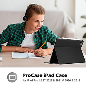 ProCase iPad Pro 12.9 Inch Case 2022 2021 2020 2018 with Pencil Holder, Folio Stand Smart Cover for iPad Pro 12.9 6th Gen 2022/5th Gen 2021/ 4th Gen 2020/ iPad Pro 12.9" 3rd Gen 2018 -Black