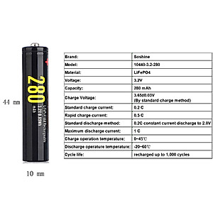 Soshine 10440 LiFePO4 Rechargeable Batteries,3.2V 280mAh Battery with Connector 6 Pack