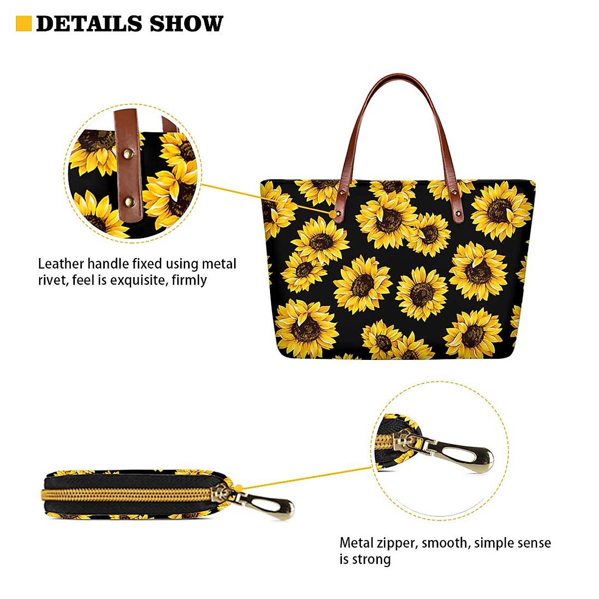 Biyejit Sunflower Skull Tote Bag for Women Girls Casual Top Handle Shoulder Bag Travel Handbag Phone Card Holder Purse Long Wallet for Gift Ladies Bag Sets 2pcs