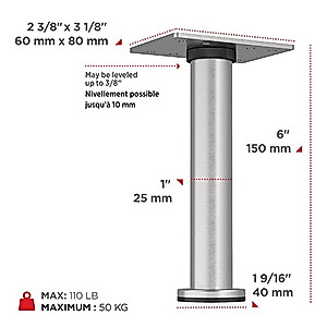 Richelieu Hardware 64217150155 5 15/16 in (150 mm) Round Furniture Leg with Levelling Glide, Satin Nickel