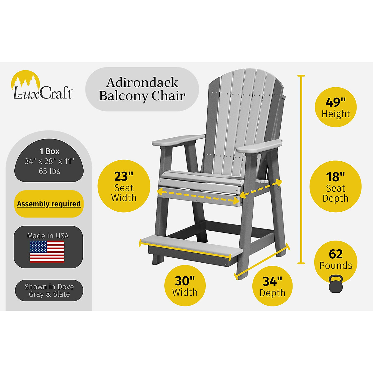 LuxCraft Plastic Poly Adirondack Balcony Chair with Built-in Footrest, Counter Height Outdoor Patio Dining Chair (Dove Gray & Slate)