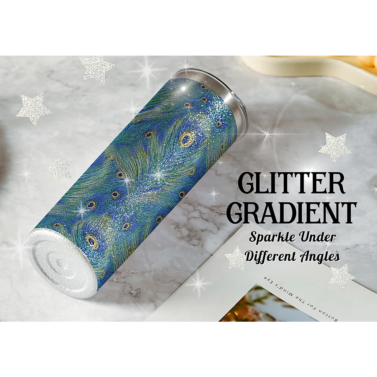 Onebttl Peacock Skinny Glitter Tumbler Gifts For Women, Female and Her - Peacock Feather - 20oz/590ml Stainless Steel Insulated Tumbler with Straw, Lid - Gift for Peacock Lovers