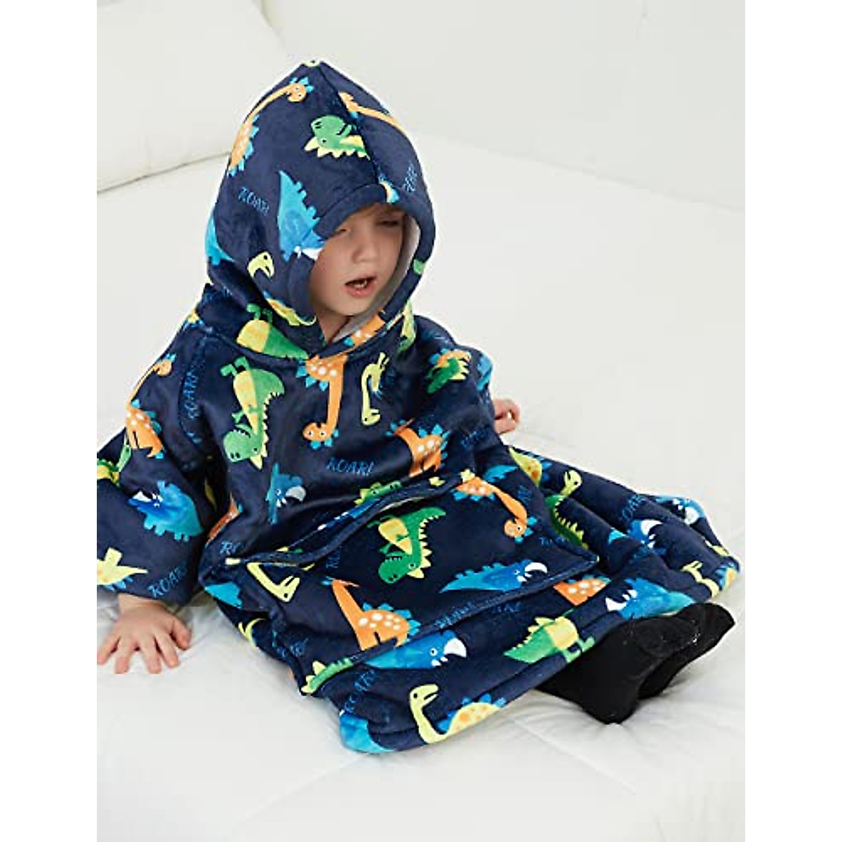 Lzzidou Oversized Wearable Blanket Hoodie for Kids 2-6YR, Two Layers Cozy Flannel Sherpa Blanket Sweatshirt Printed