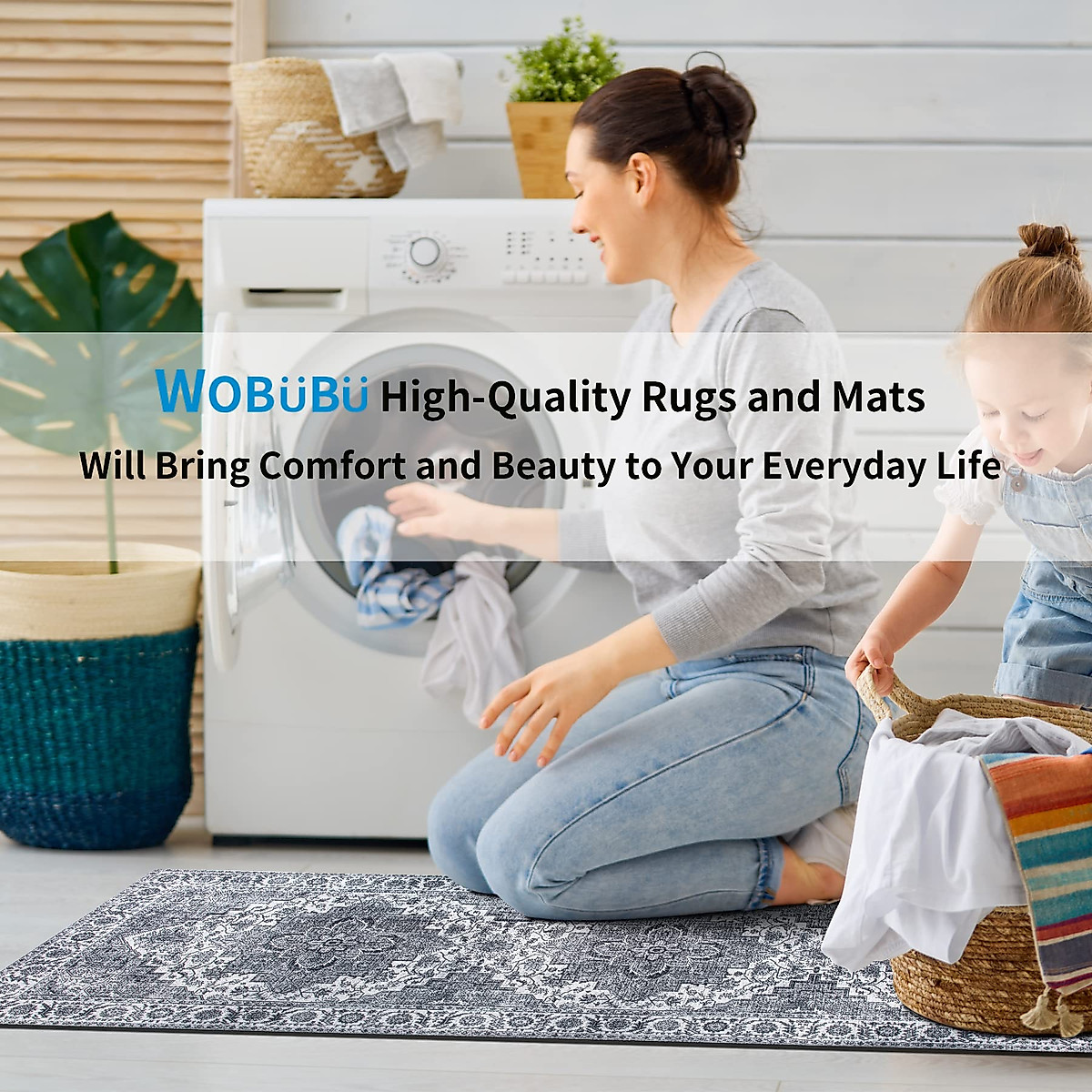 WOBUBU Kitchen Rugs Sets of 3 Washable Kitchen Mats for Floor 3 Piece Kitchen Rug Set Non Slip Kitchen Runner Carpets for Laundry Room Entryway Grey