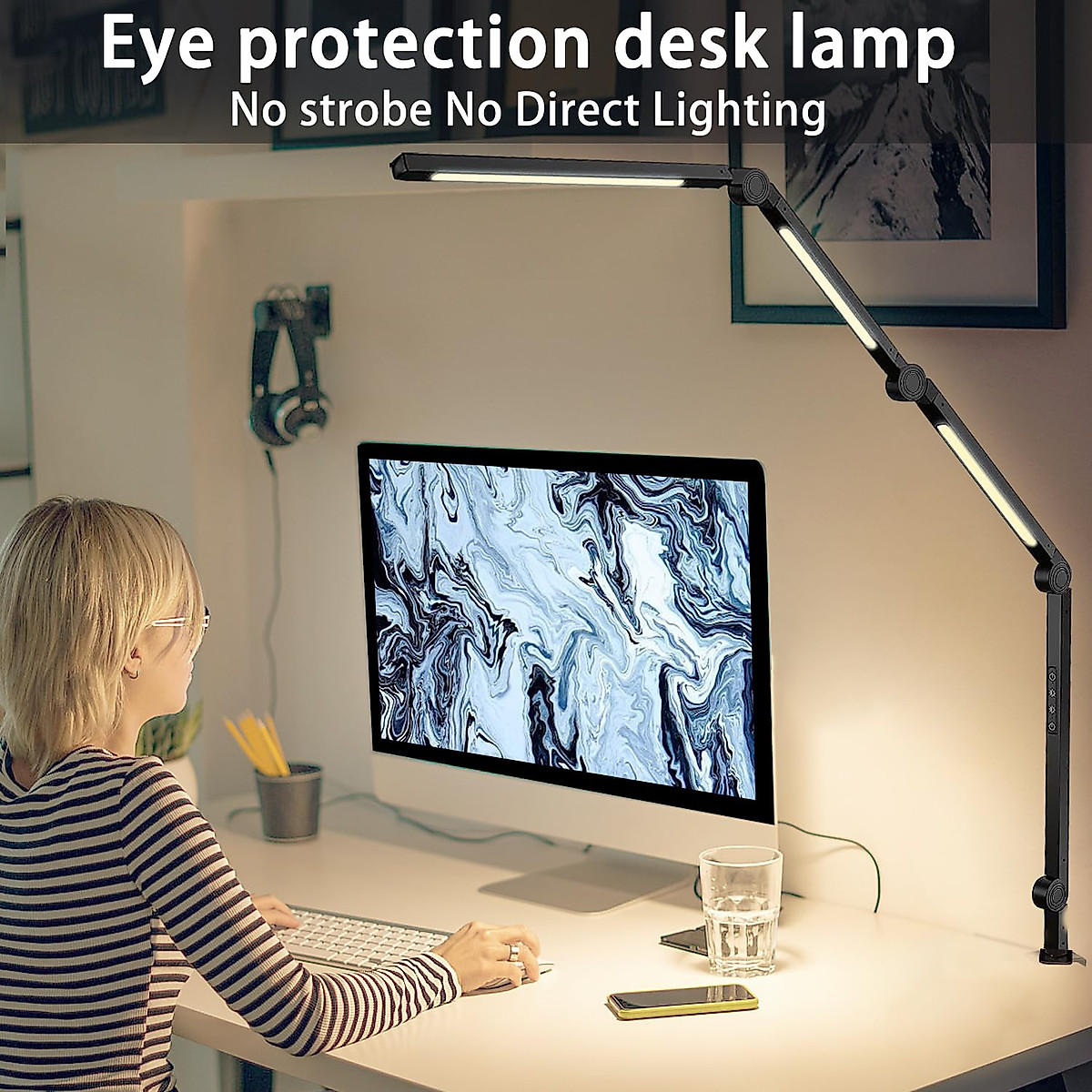 vimeepro LED Desk Lamp with Clamp Flexible 4 sections Swing Arm Three light sources desk light, 4 Color Modes & 5 Brightness, Eye Caring Led table light with Memory Function for table lamps for office