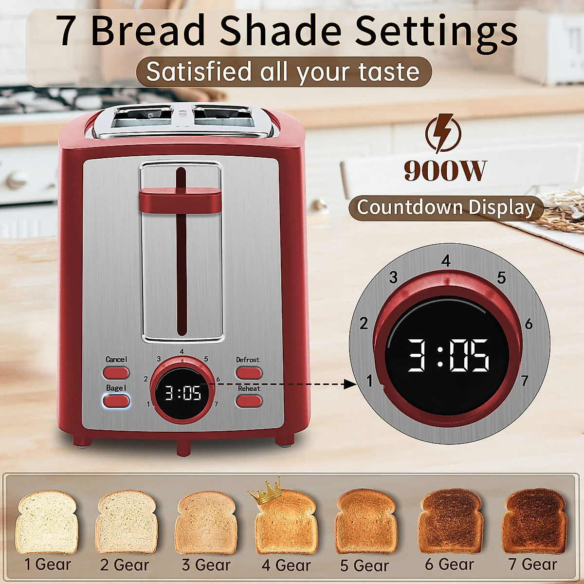 SEEDEEM Toaster 2 Slice, Bread Toaster with LCD Display, 7 Shade Settings, 1.４'' Variable Extra Wide Slots Toaster with Cancel, Bagel, Defrost, Reheat Functions, Removable Crumb Tray, 900W, Retro Red