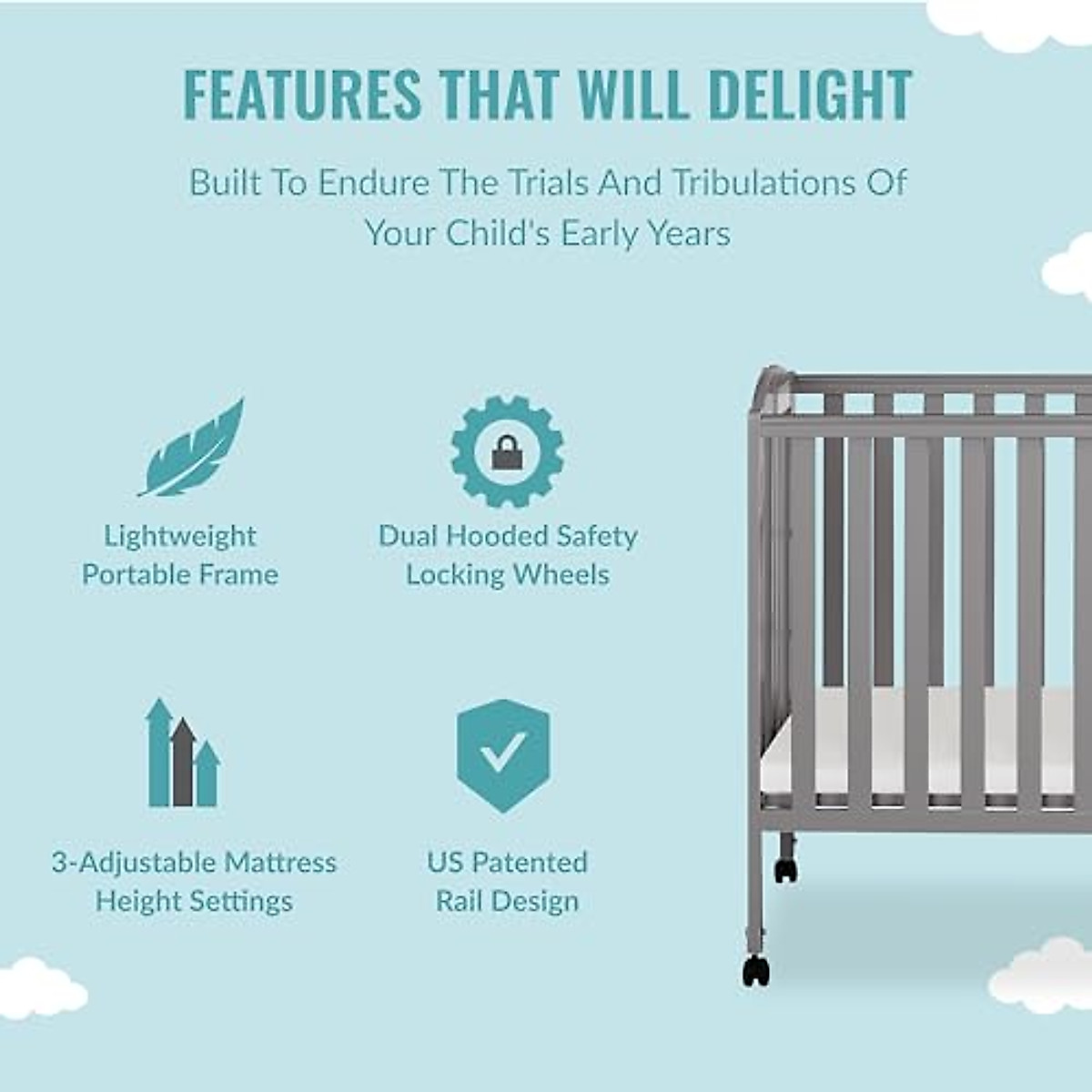 Dream On Me 3 in 1 Portable Folding Stationary Side Crib in Steel Grey, Greenguard Gold Certified, Safety Wheels with Locking Casters, Convertible, 3 Mattress Heights