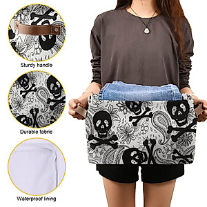 Large Foldable Storage Basket Skull Black Gothic Storage Bin Canvas Toys Box Fabric Decorative Collapsible Organizer Bag with Handles for Bedroom Home