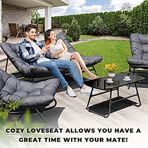 jamege 4 Pieces Patio Furniture Set with Rocking Chairs, Outdoor Patio Metal Loveseat Conversation Set with Cushions, Oversized Rocker Chair, Coffee Table for Porch, Garden, Backyard, Indoor