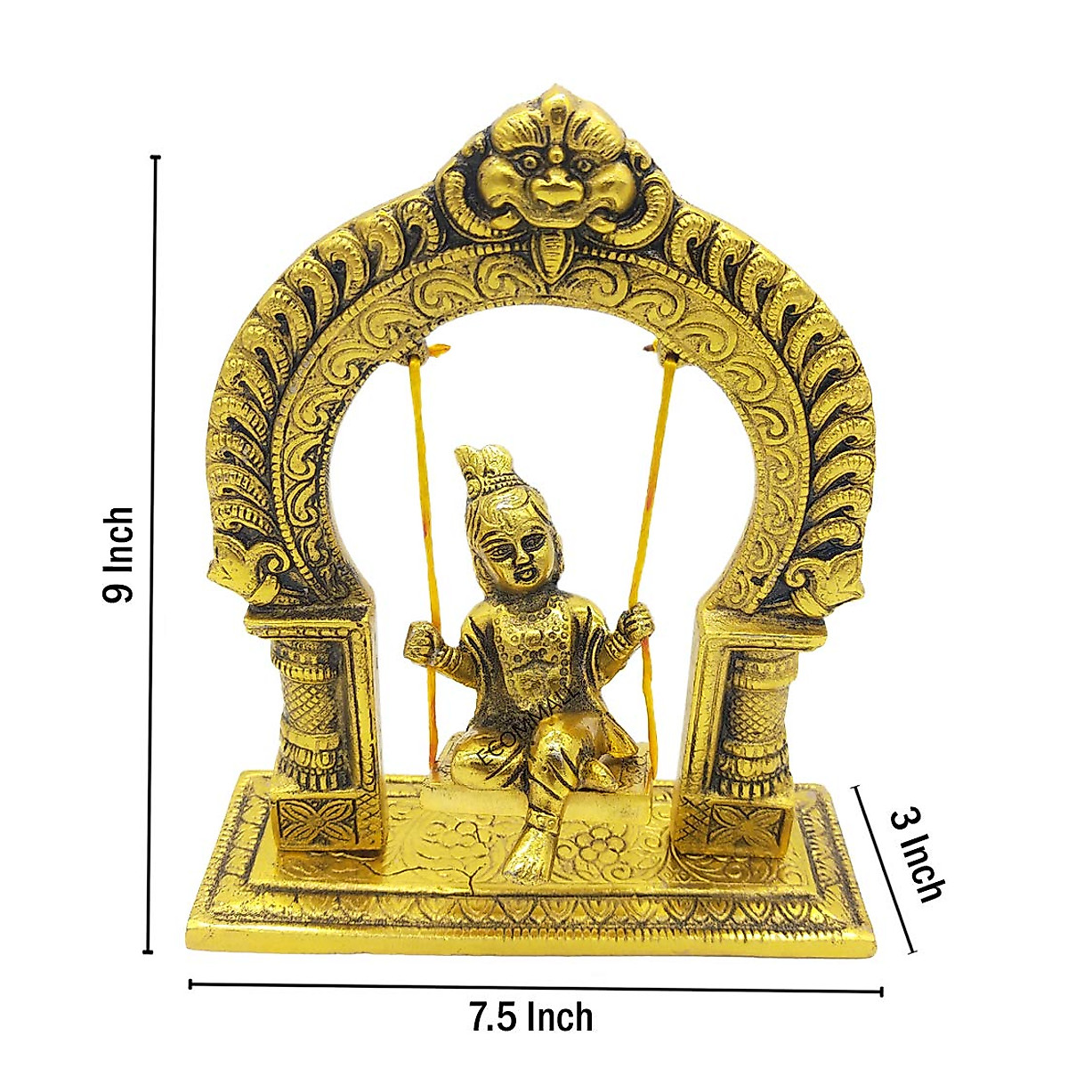 Ecommall Laddu Gopal Metal Solid Jhula Swing with Ladoo Gopal Murti Handicraft Showpiece Idol for Temple/Home/Office (Gold, Medium)