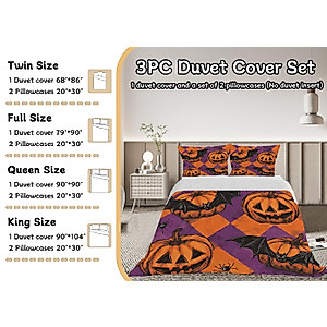 Pumpkin Face Duvet Cover Full Size 3D Printed Pumpkin Full Duvet Cover Set Bats Spider Scary Face Carved on Pumpkin Bedding Set Bedroom Decor All Season 3 Pcs Comforter Cover with 2 Pillowcases