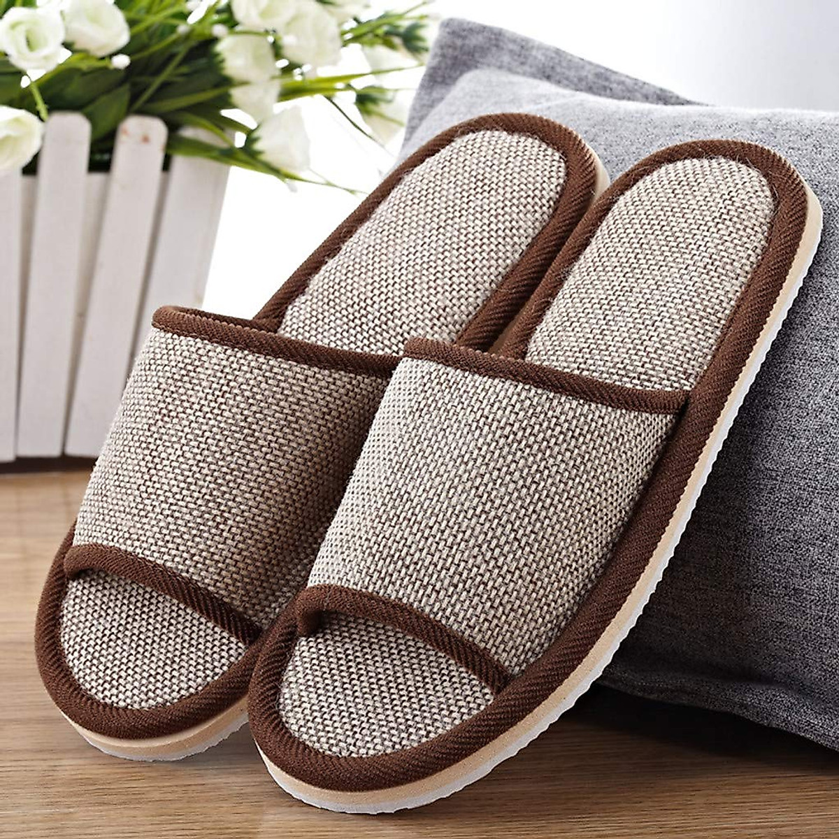 Aniywn House Slipper Cotton Flax Slippers for Women and Men Open Toe Memory Foam Washable Casual Indoor Outdoor Home Slippers