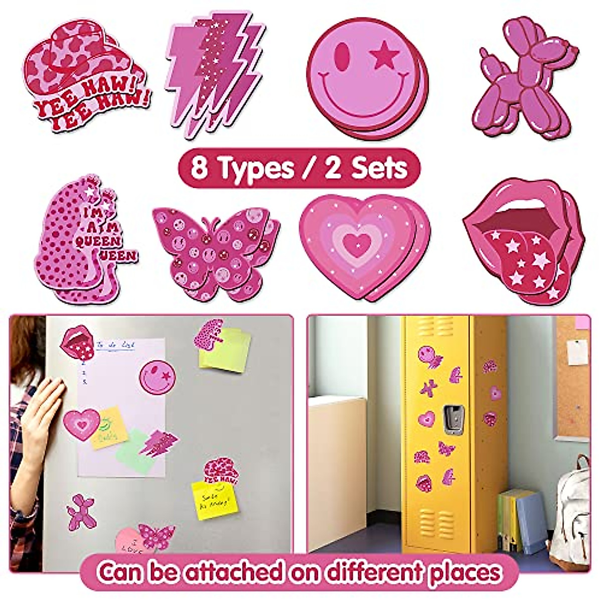 16PCS Pink Preppy Fridge Magnets, Good Magnetic, Locker Decorations for Girls in Middle School Waterproof Refrigerator Magnets Aesthetic Pink Y2k Smiley Face Leopard for Office Kitchen Whiteboard
