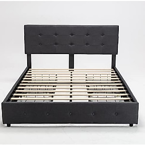 Squireewo Bed Frame with LED Lights & 4 Storage Drawers, Upholstered Platform Bed with Adjustable Headboard, No Box Spring Needed, Easy Assembly, Noise-Free (Dark Grey, Queen Bed)