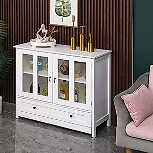Large Buffet Cabinet for Living Room Kitchen, White Storage Sideboard with Glass Doors and Drawer, Credenza Console Table for Dining Room Entryway, Wooden Serve Cupboard Pantry Cabinet with Shelves