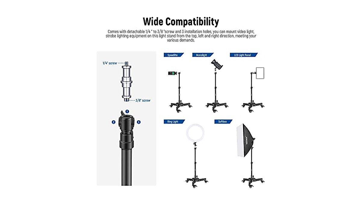 Neewer Heavy Duty Light Stand with Casters - Adjustable Photography Support