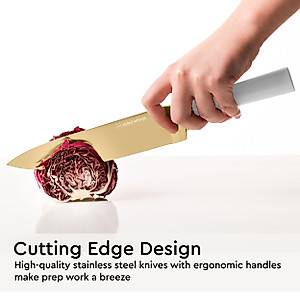 White and Gold Knife Set with Block- 6 PC White and Gold Kitchen Knife Set with Magnetic Knife Holder Includes White and Gold Knives and Ashwood Magnetic Knife Block - Gold Kitchen Accessories