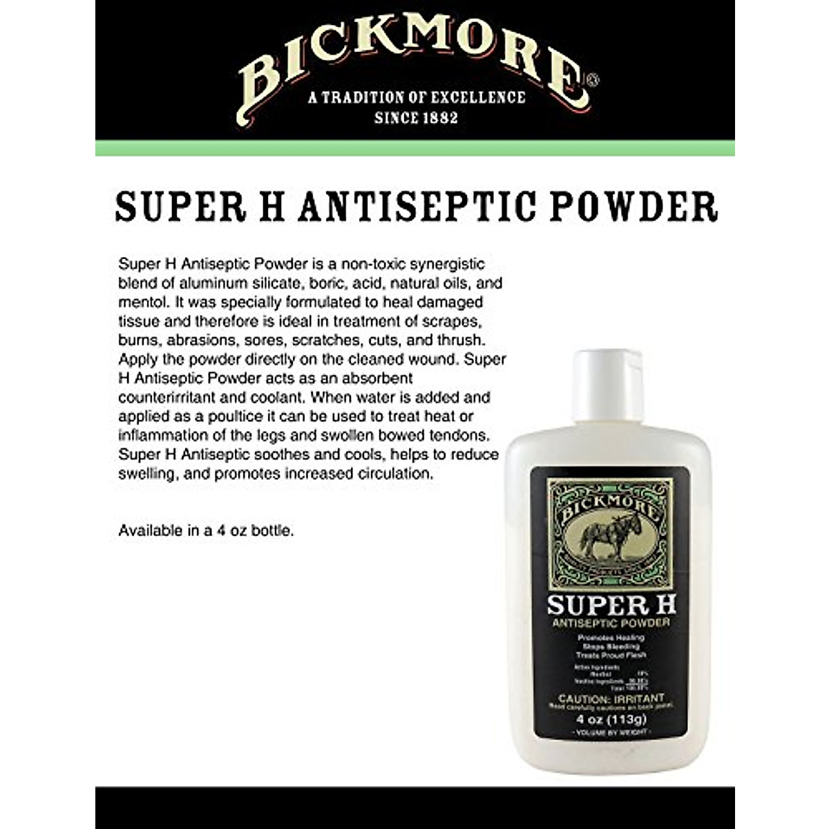 Bickmore Super H Antiseptic Powder for Horses - Quick Healing, Stops Bleeding, Treats Proud Flesh