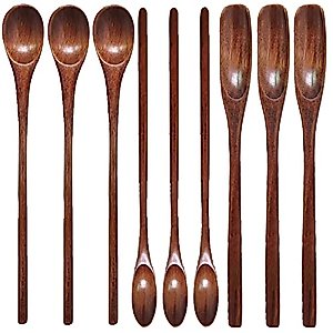 Wooden Coffee Spoons Long Handle Wooden Tea spoon Wooden Mixing Honey Spoon Handmade Wood Stirring Spoon for Kitchen Stirring Dessert Honey Spoons(9PCS)