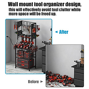 CCCEI Garage Small Power Tools Organizer Floor Stand, Drill and Battery Storage Rack with Charging Station, All Metal Tool Shelf with Pegboard and Hooks, Gift for Men.