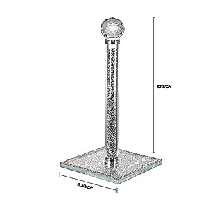 Handmade Silver Paper Towel Roll Holder, Filled with Sparkly Crystal Crushed Diamonds for Kitchen / Bathroom Towel Tissue Roll Countertop, 13inch Height 6.3inch Square Base Freestanding Holder