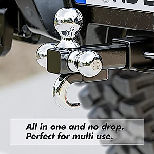 PLIOSAUR Tri Ball Hitch with Hook&Pin,Ball Size 1-7/8"Ball Hitch, 2" and 2-5/16"Trailer Ball Fit 2 Inch Receiver,Howllow Shank Tow Hitch,Black