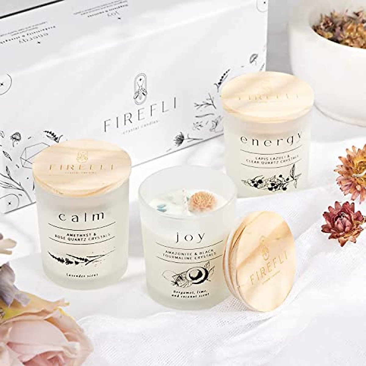 Firefli Crystal Candles 3-Piece Crystal Candle Set with Wood Lids & Dried Flowers | Candles Gifts for Women | 3.5oz Manifestation Candles with Crystals Inside | Soy Wax Scented Luxury Candles